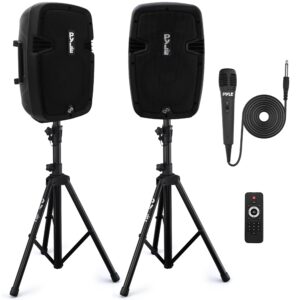 pyle powered pa speaker system active & passive bluetooth loudspeakers kit with 8 inch speakers, wired microphone, mp3/usb/sd/aux readers, speaker stands,remote control - pyle pphp849kt black