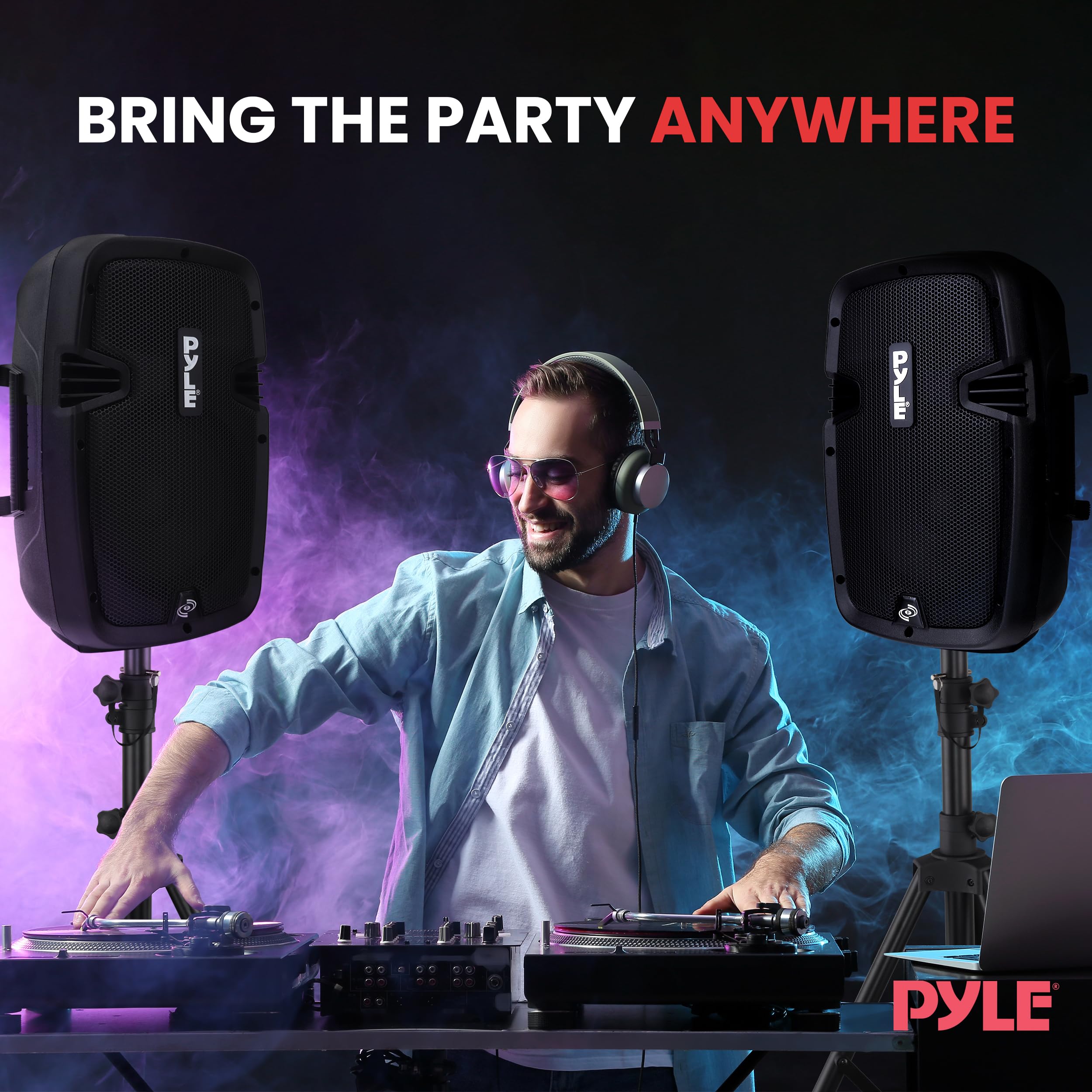 Pyle Powered PA Speaker System Active & Passive Bluetooth Loudspeakers Kit with 8 Inch Speakers, Wired Microphone, MP3/USB/SD/AUX Readers, Speaker Stands,Remote Control - Pyle PPHP849KT Black