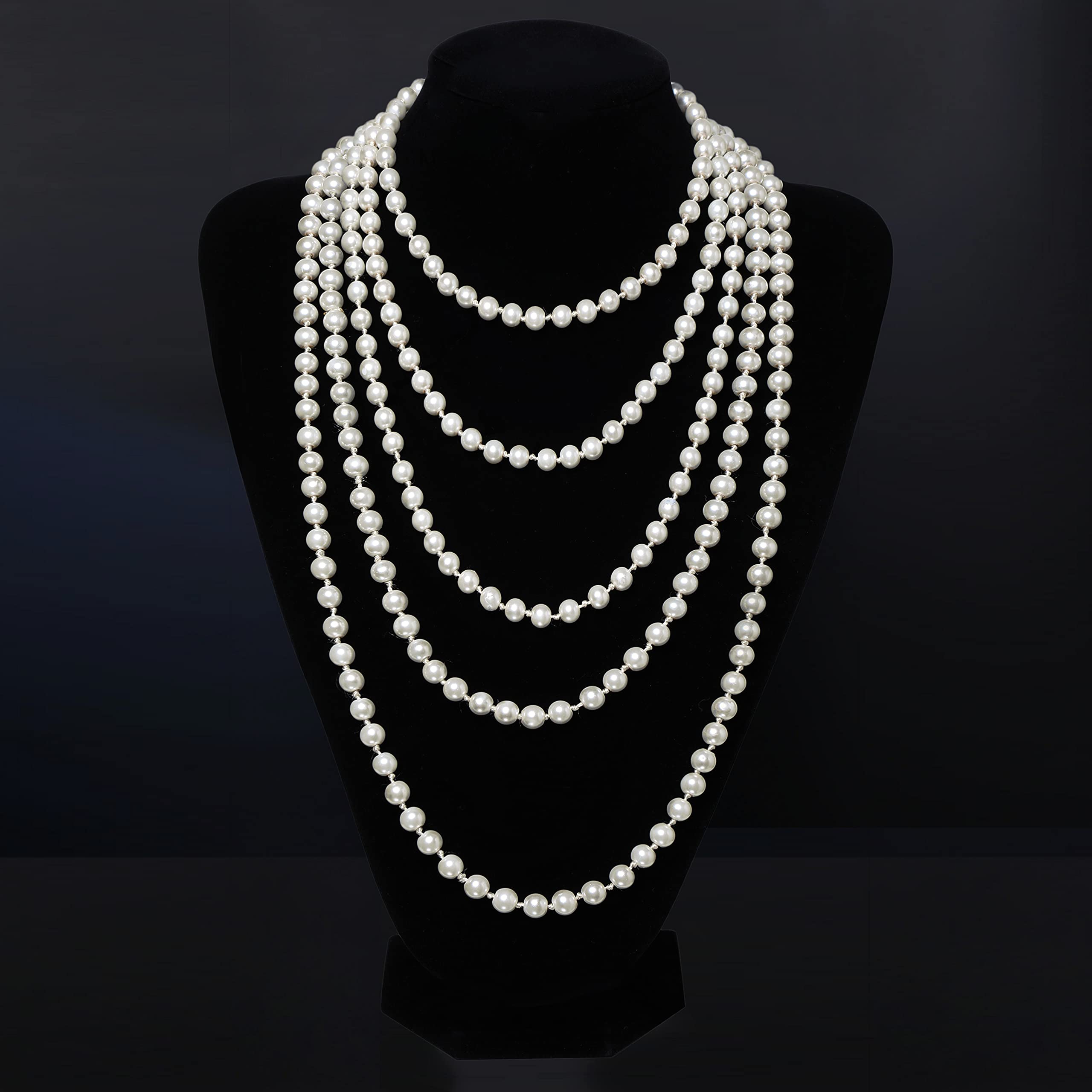 BABEYOND Vintage 1920s Gatsby Imitation Pearl Choker Necklace 20s Art Deco Flapper Accessories for Women White (two 59" long necklace set)