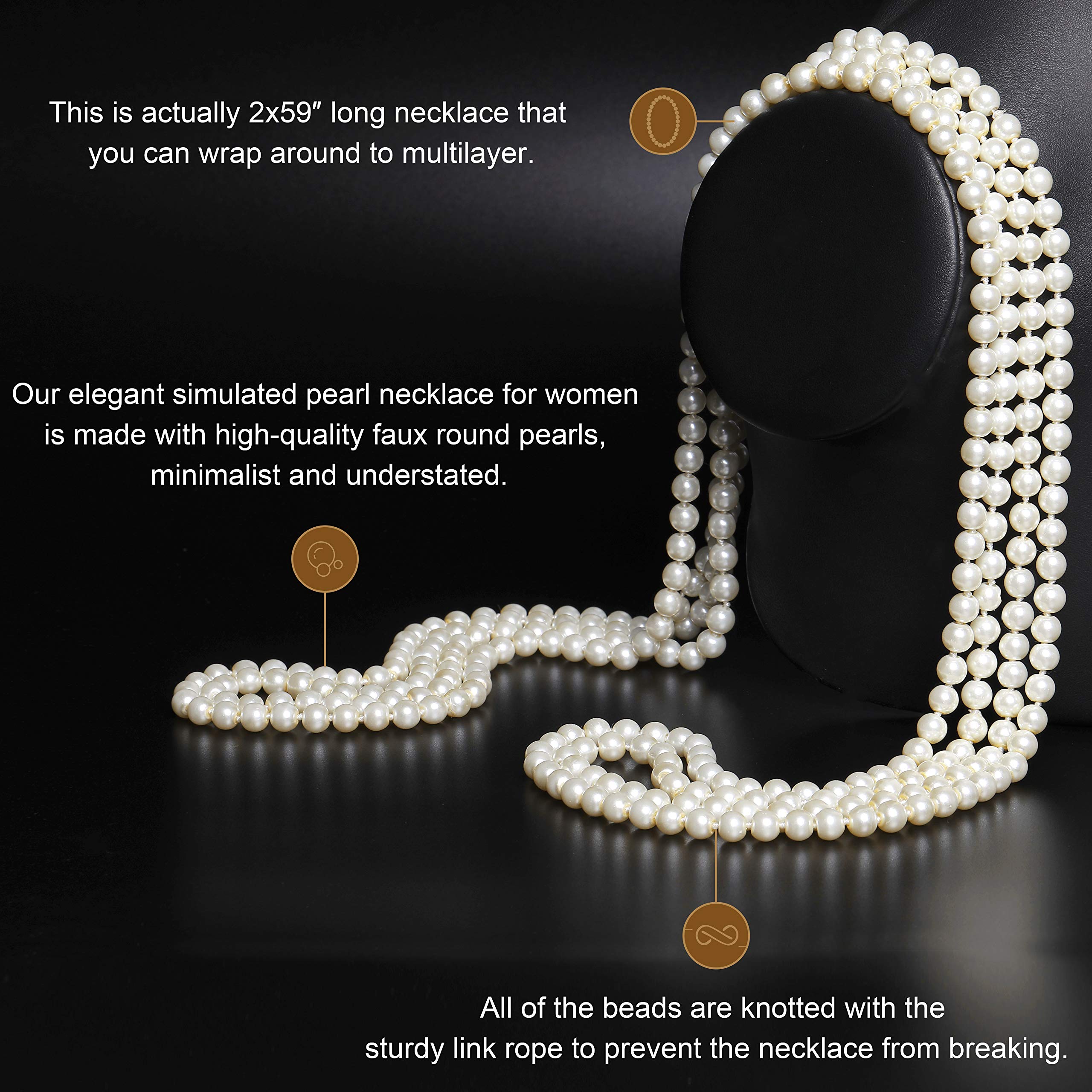 BABEYOND Vintage 1920s Gatsby Imitation Pearl Choker Necklace 20s Art Deco Flapper Accessories for Women White (two 59" long necklace set)