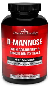 divine bounty d-mannose capsules - 600mg d mannose powder per capsule with cranberry and dandelion extract to support normal urinary tract health - 120 veggie capsules