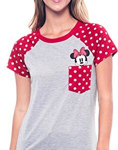 Disney Junior Fashion Contrast Shoulder Top Minnie Pocket, Gray with Red (Large, Grey)