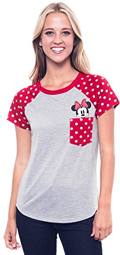 Disney Junior Fashion Contrast Shoulder Top Minnie Pocket, Gray with Red (Large, Grey)