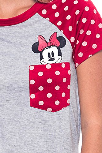 Disney Junior Fashion Contrast Shoulder Top Minnie Pocket, Gray with Red (Large, Grey)