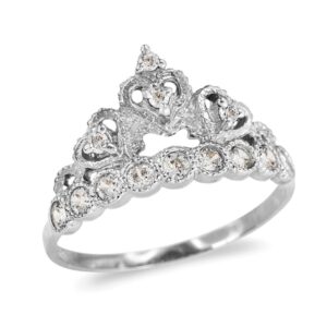 quinceanera jewelry princess crown cz-studded ring in dainty 10k white gold (size 10.5)