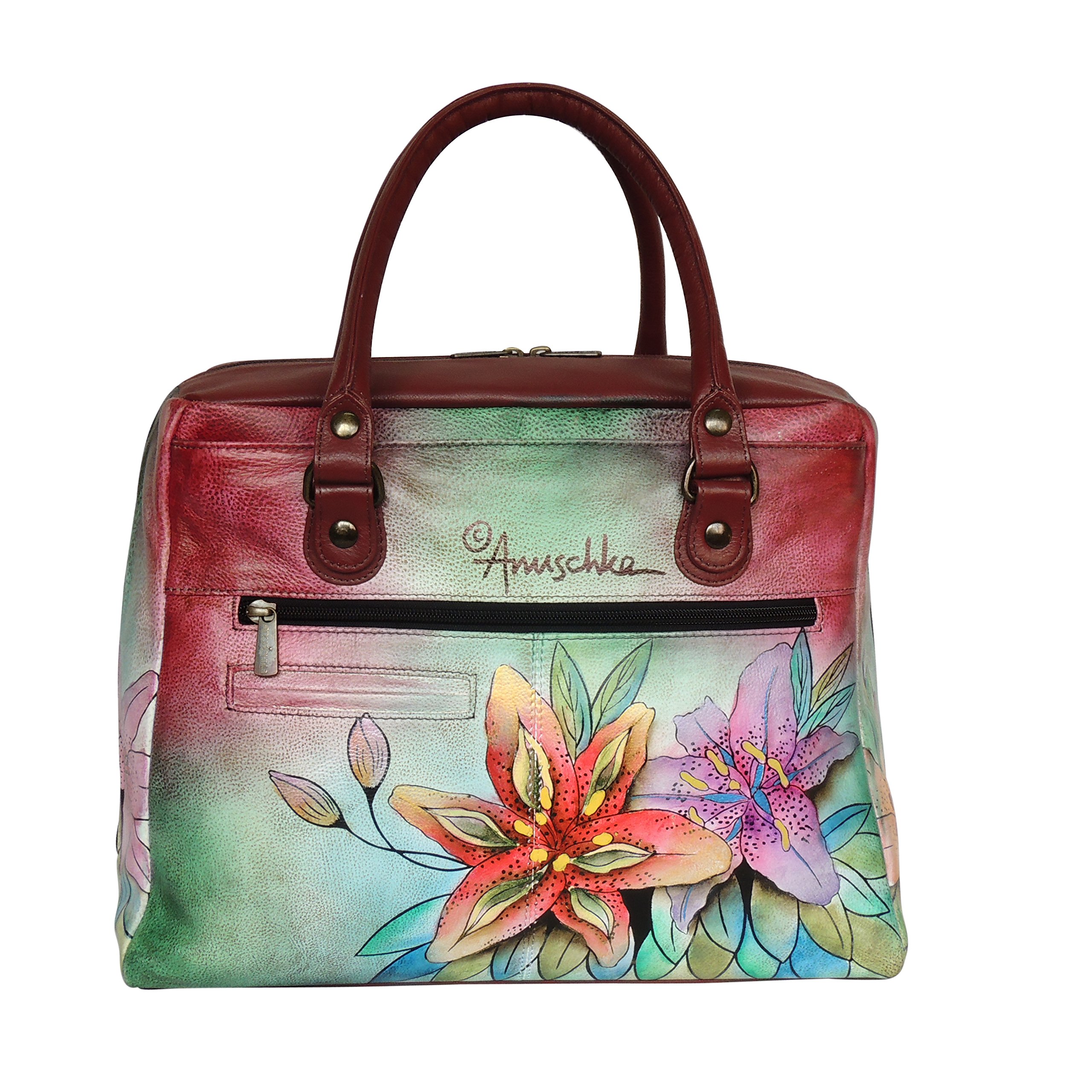 Anuschka Women's Hand Painted Large Zip-around satchel 13.75"x11.0"x7.0" Luscious Lilies