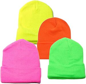 opt brand. wholesale 4 pieces unisex knit long cuff ski plain neon beanie cap solid color beany (assorted colors)