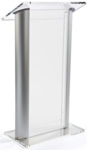 displays2go acrylic podium with frosted panel, modern church lectern, rubber feet - clear with silver (lectalacf)