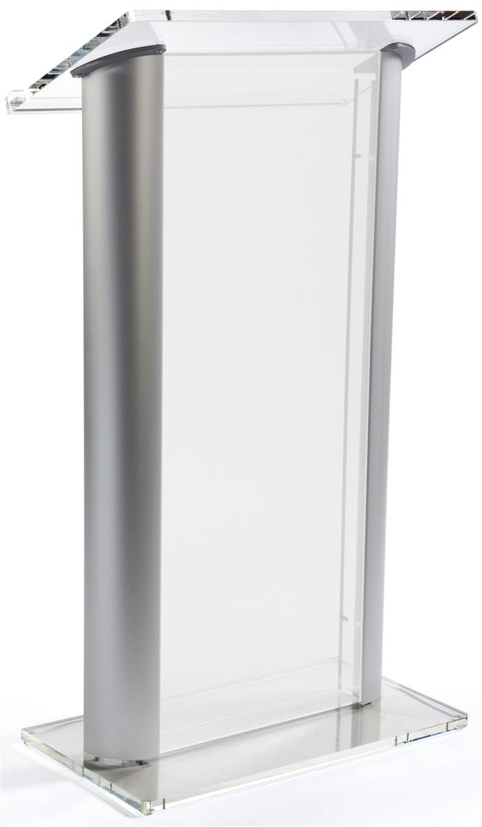 Displays2go Acrylic Podium with Frosted Panel, Modern Church Lectern, Rubber Feet - Clear with Silver (LECTALACF)