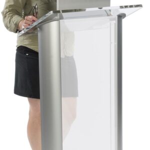 Displays2go Acrylic Podium with Frosted Panel, Modern Church Lectern, Rubber Feet - Clear with Silver (LECTALACF)