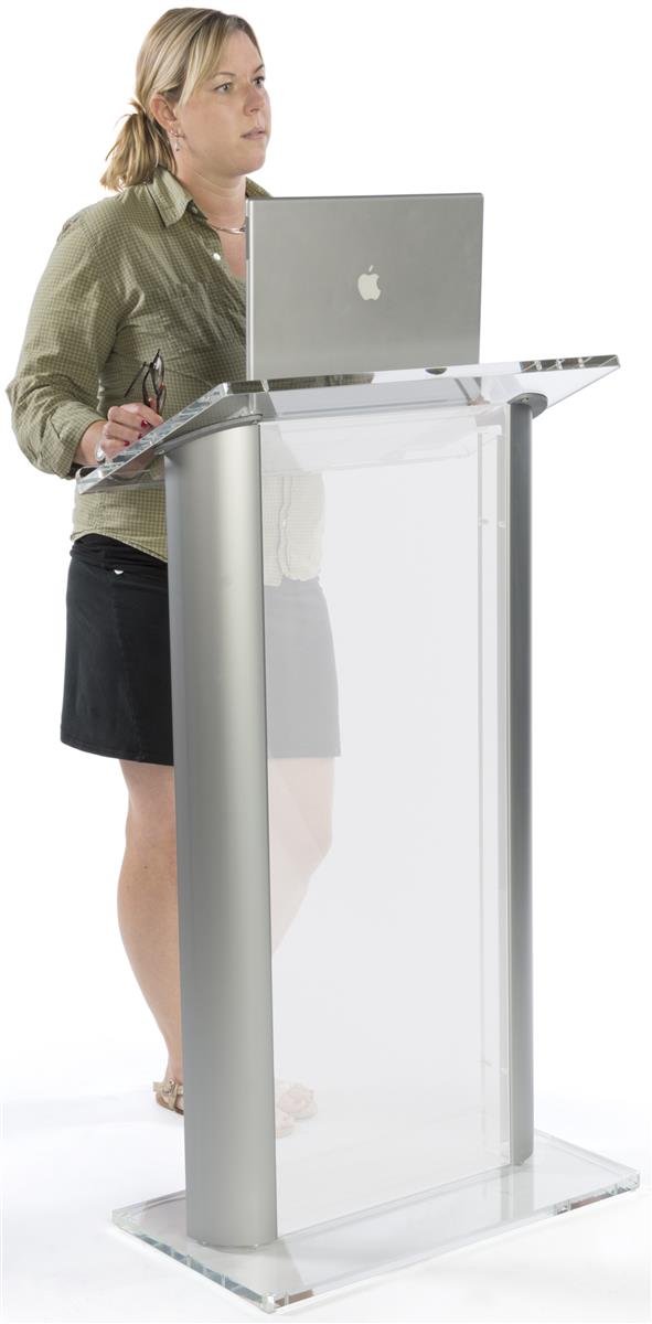 Displays2go Acrylic Podium with Frosted Panel, Modern Church Lectern, Rubber Feet - Clear with Silver (LECTALACF)