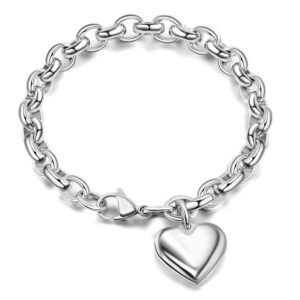 jewelry kingdom 1 bracelet for women handmade romantic silver stainless steel oval chain heart charm bracelet (length of 8")