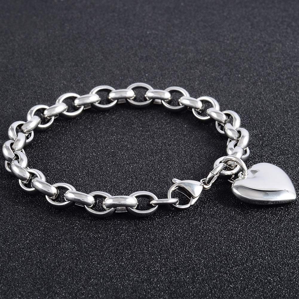 Jewelry Kingdom 1 Bracelet for Women Handmade Romantic Silver Stainless Steel Oval Chain Heart Charm Bracelet (Length of 8")