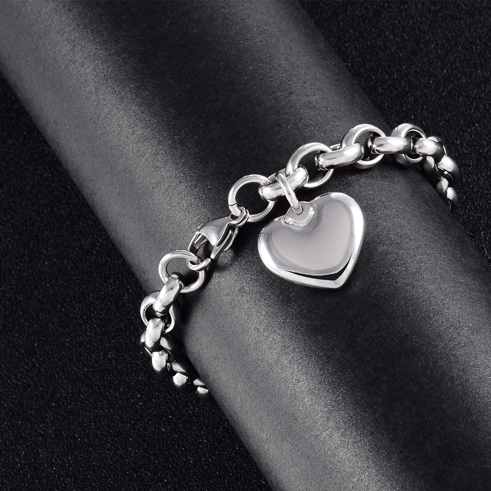 Jewelry Kingdom 1 Bracelet for Women Handmade Romantic Silver Stainless Steel Oval Chain Heart Charm Bracelet (Length of 8")