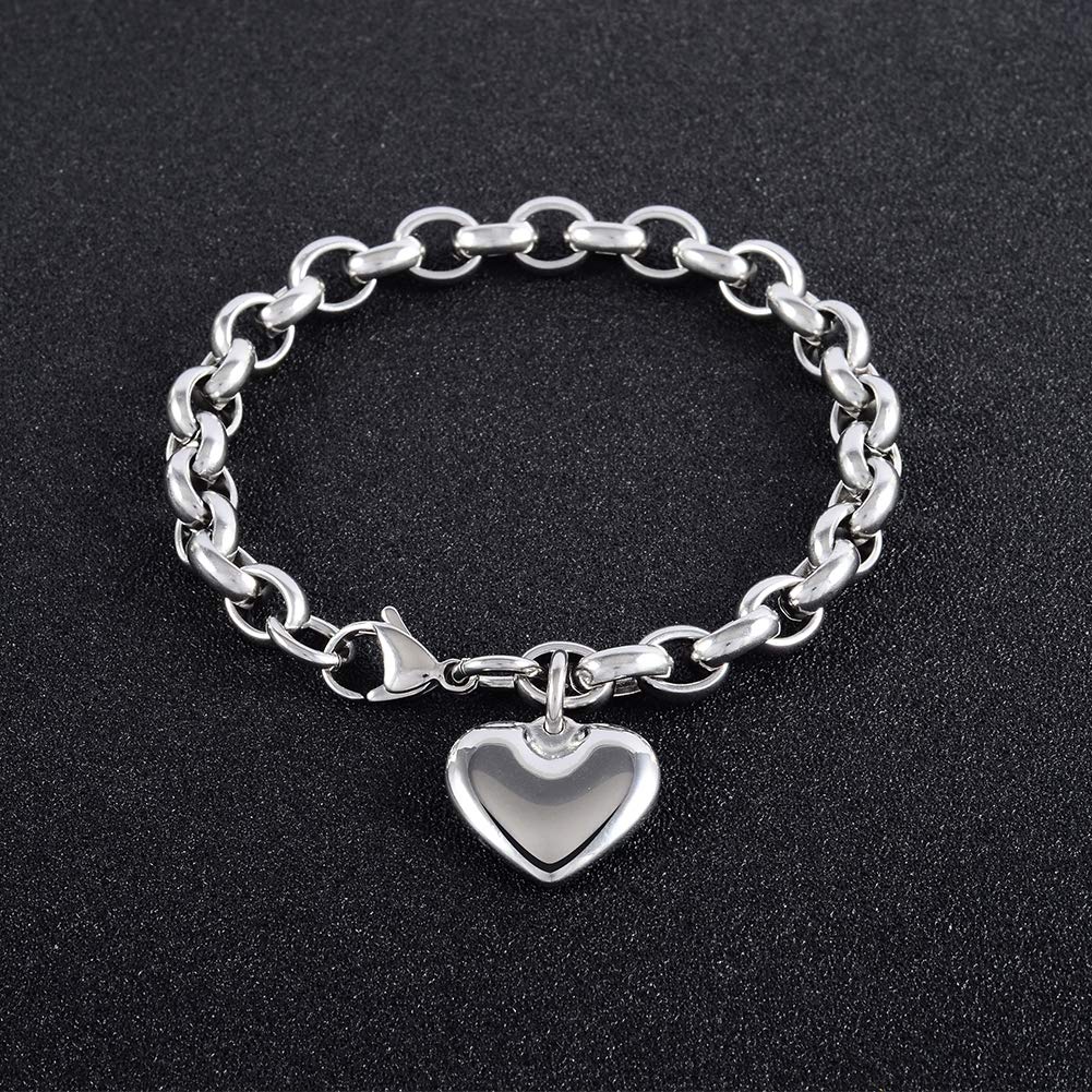 Jewelry Kingdom 1 Bracelet for Women Handmade Romantic Silver Stainless Steel Oval Chain Heart Charm Bracelet (Length of 8")