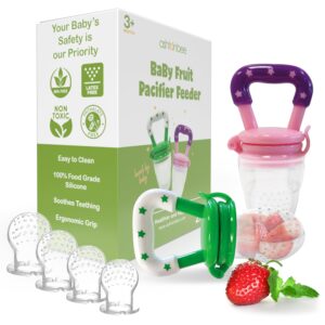 baby fruit pacifer feeder 2 pack perfect for introducing solid foods 6-12 months fresh food feeder baby chupon para frutas de bebe (pink and green) - ashtonbee