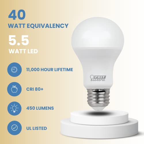 Feit Electric A19 LED Light Bulbs, 40W Equivalent, Non Dimmable, 450 Lumens, E26 Standard Base, 2700k Soft White, 80 CRI, 10 Year Lifetime, Energy Efficient, 4 Pack, A450/827/10KLED/4