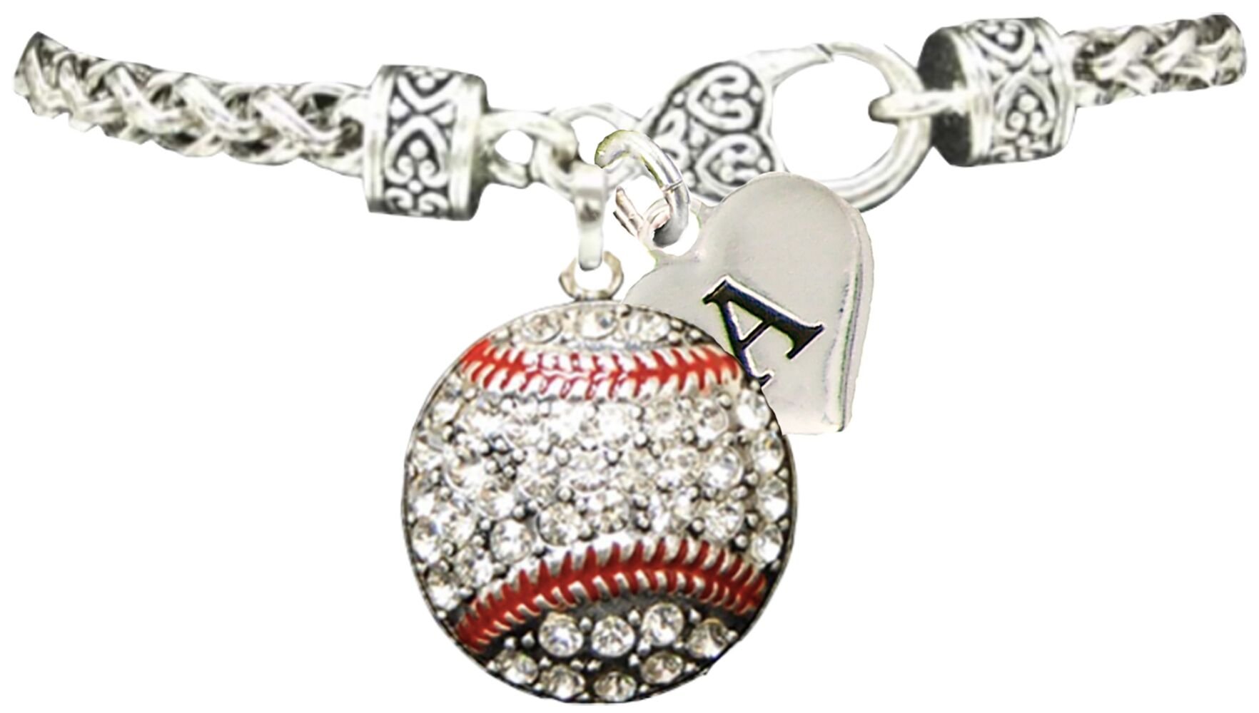 Custom Crystal Baseball Silver Bracelet Jewelry Gift Choose Your Initial All 26