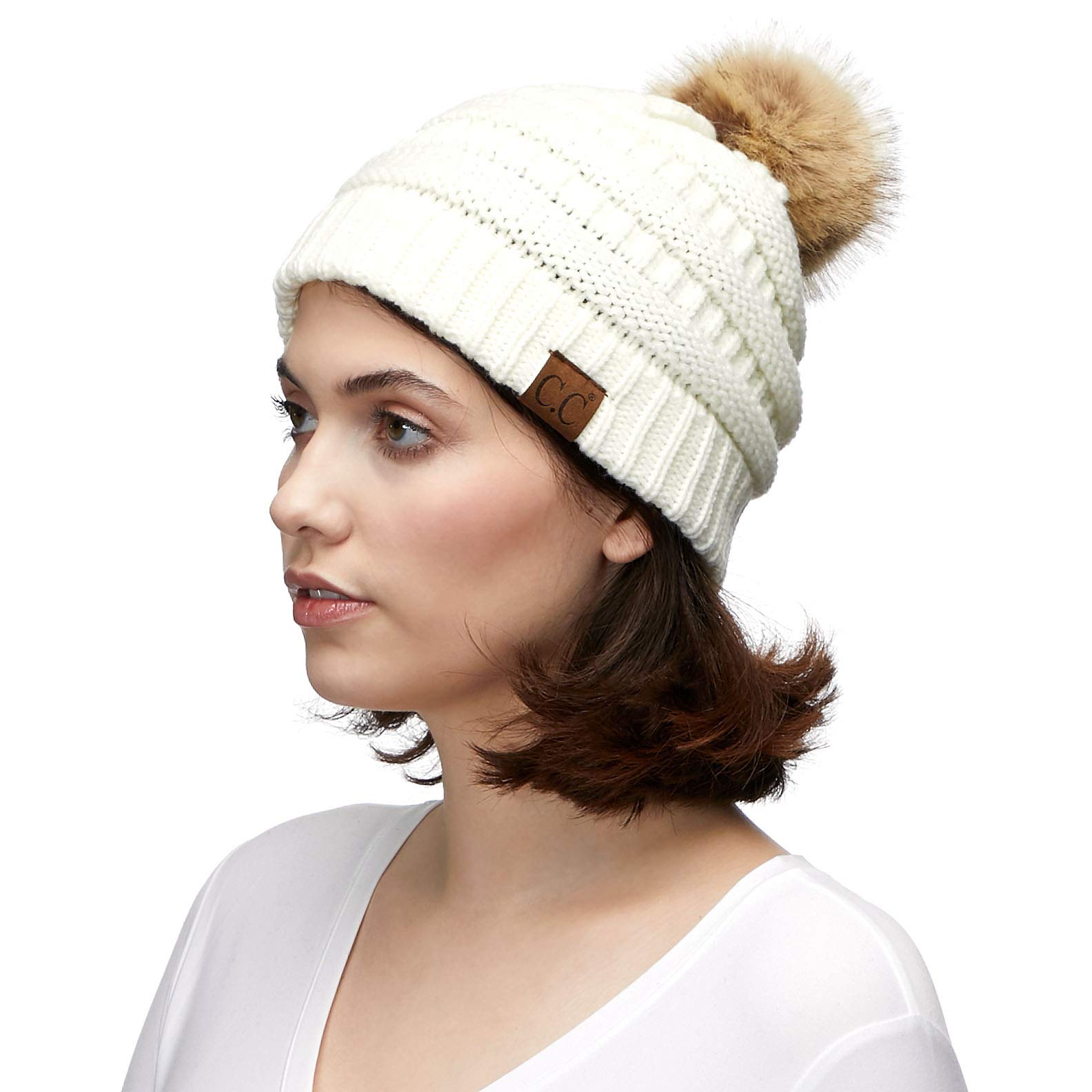 C.C Hatsandscarf Exclusives Unisex Ombre Ribbed Confetti Knit Beanie with POM (HAT-43) (Ivory)