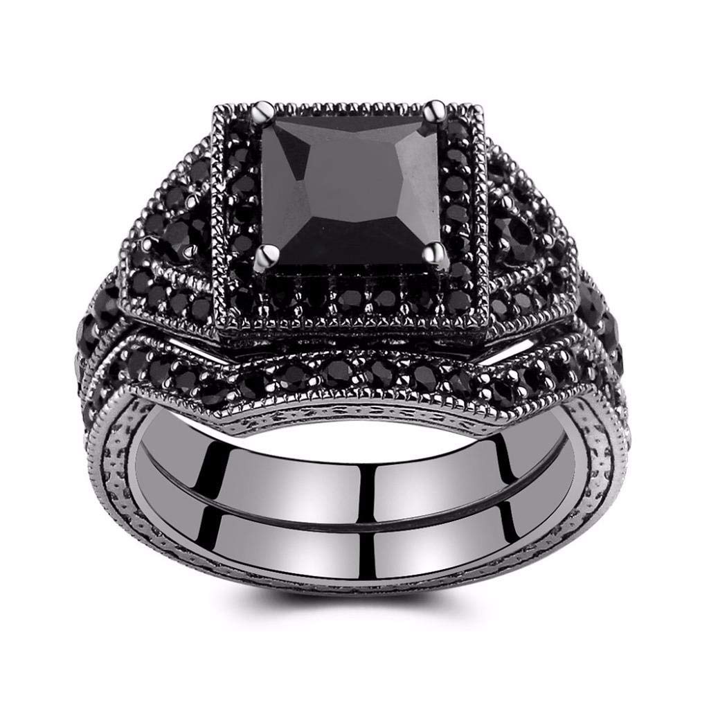 Castillna Black Cubic Zirconia CZ Simulated Diamond Princess Cut Solitaire Halo Bridal Engagement Wedding Rings Sets in Sterling Silver for Women