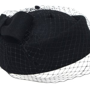 Pillbox Hat Fascinator Beret Wedding Party Top Hat Church Wool Hat for Women (Black)