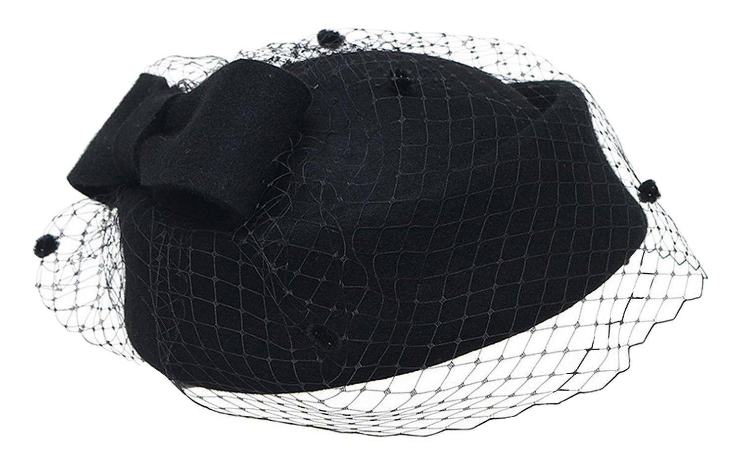 Pillbox Hat Fascinator Beret Wedding Party Top Hat Church Wool Hat for Women (Black)