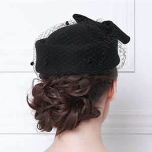 Pillbox Hat Fascinator Beret Wedding Party Top Hat Church Wool Hat for Women (Black)