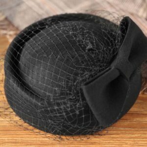 Pillbox Hat Fascinator Beret Wedding Party Top Hat Church Wool Hat for Women (Black)