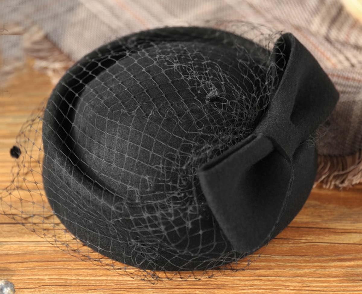 Pillbox Hat Fascinator Beret Wedding Party Top Hat Church Wool Hat for Women (Black)