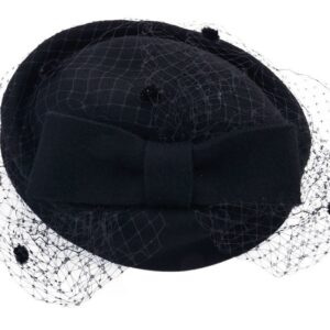 Pillbox Hat Fascinator Beret Wedding Party Top Hat Church Wool Hat for Women (Black)