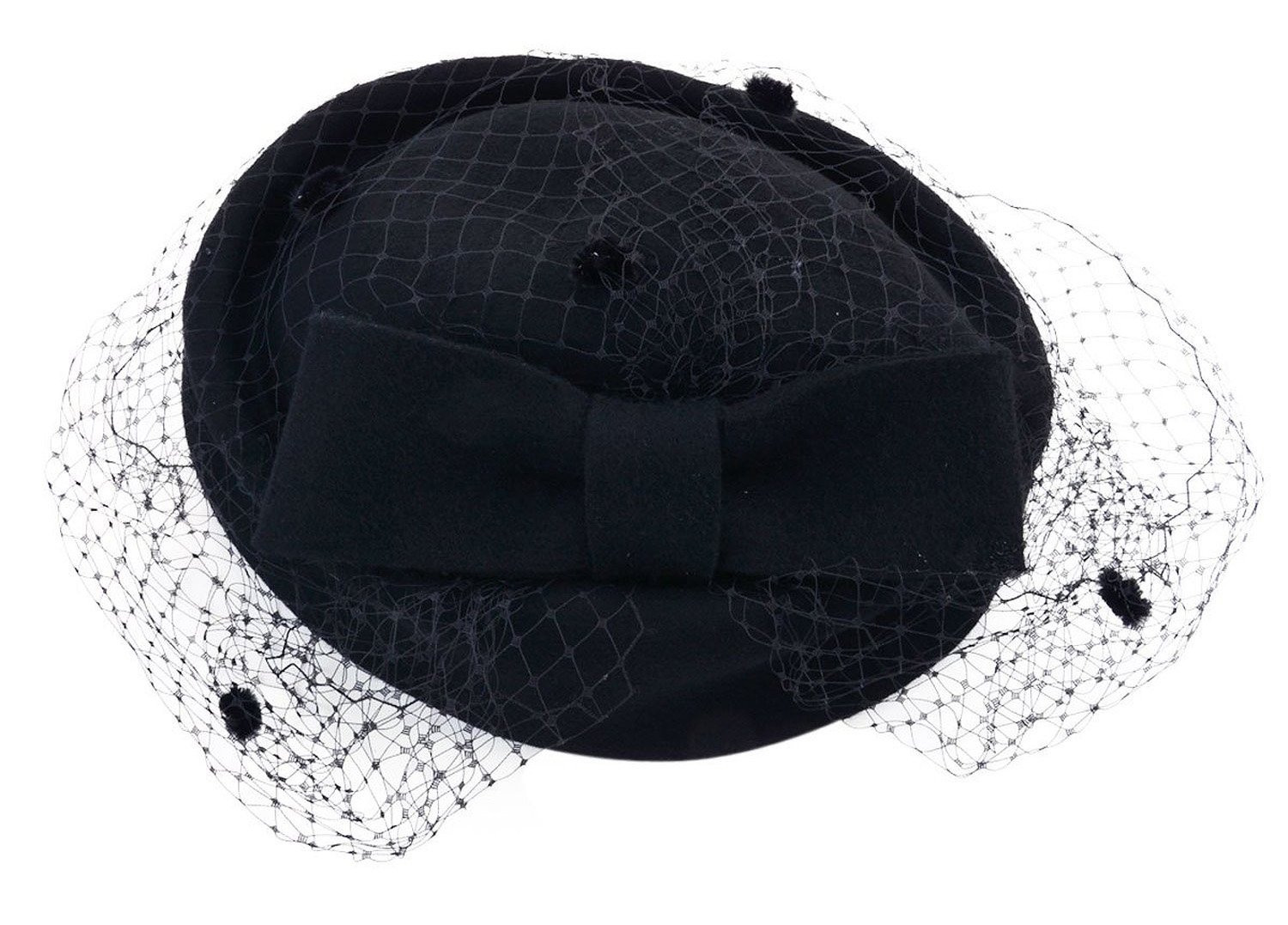 Pillbox Hat Fascinator Beret Wedding Party Top Hat Church Wool Hat for Women (Black)