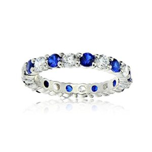 sterling silver created blue sapphire and cubic zirconia wedding band ring, 8