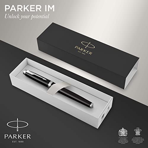 PARKER IM Rollerball Pen, Black Lacquer Chrome Trim with Fine Point Black Ink Refill, Gift Box (1931658)