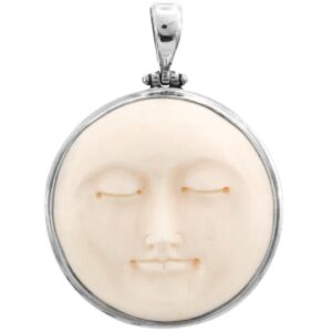 carved sun moon moonface goddess bison bone 925 sterling silver pendant, 2"