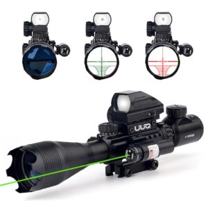 uuq 4-16x50 tactical rifle scope red/green illuminated range finder reticle w/laser sight and holographic reflex dot sight (green laser)