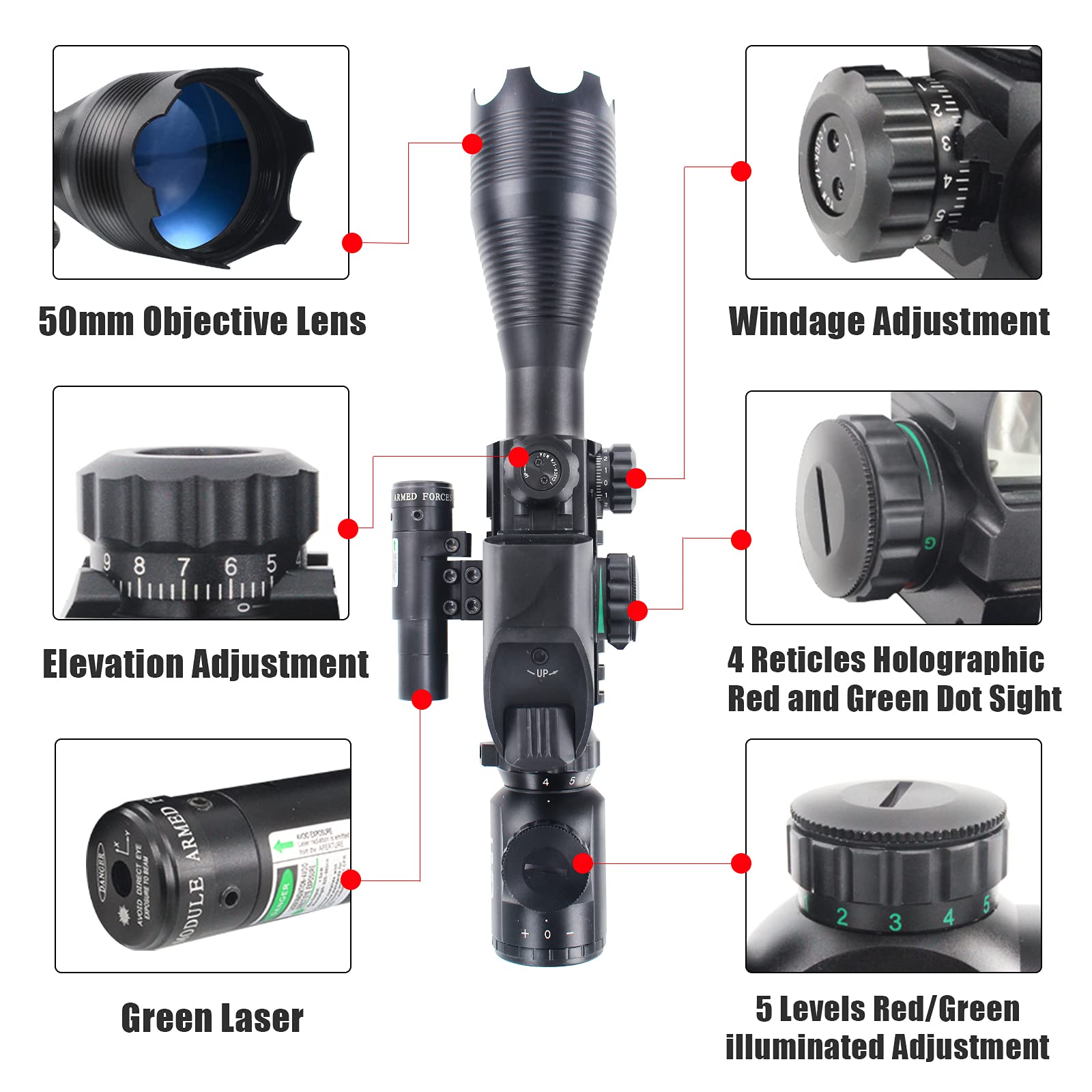 UUQ 4-16x50 Tactical Rifle Scope Red/Green Illuminated Range Finder Reticle W/Laser Sight and Holographic Reflex Dot Sight (Green Laser)