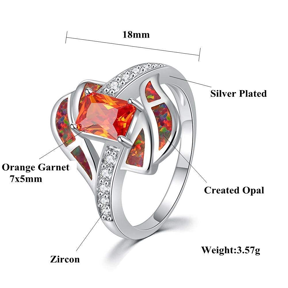 CiNily Orange Opal Rings for Women White Gold Plated Zircon Created Garnet Birthstone Women's Ring Size 8