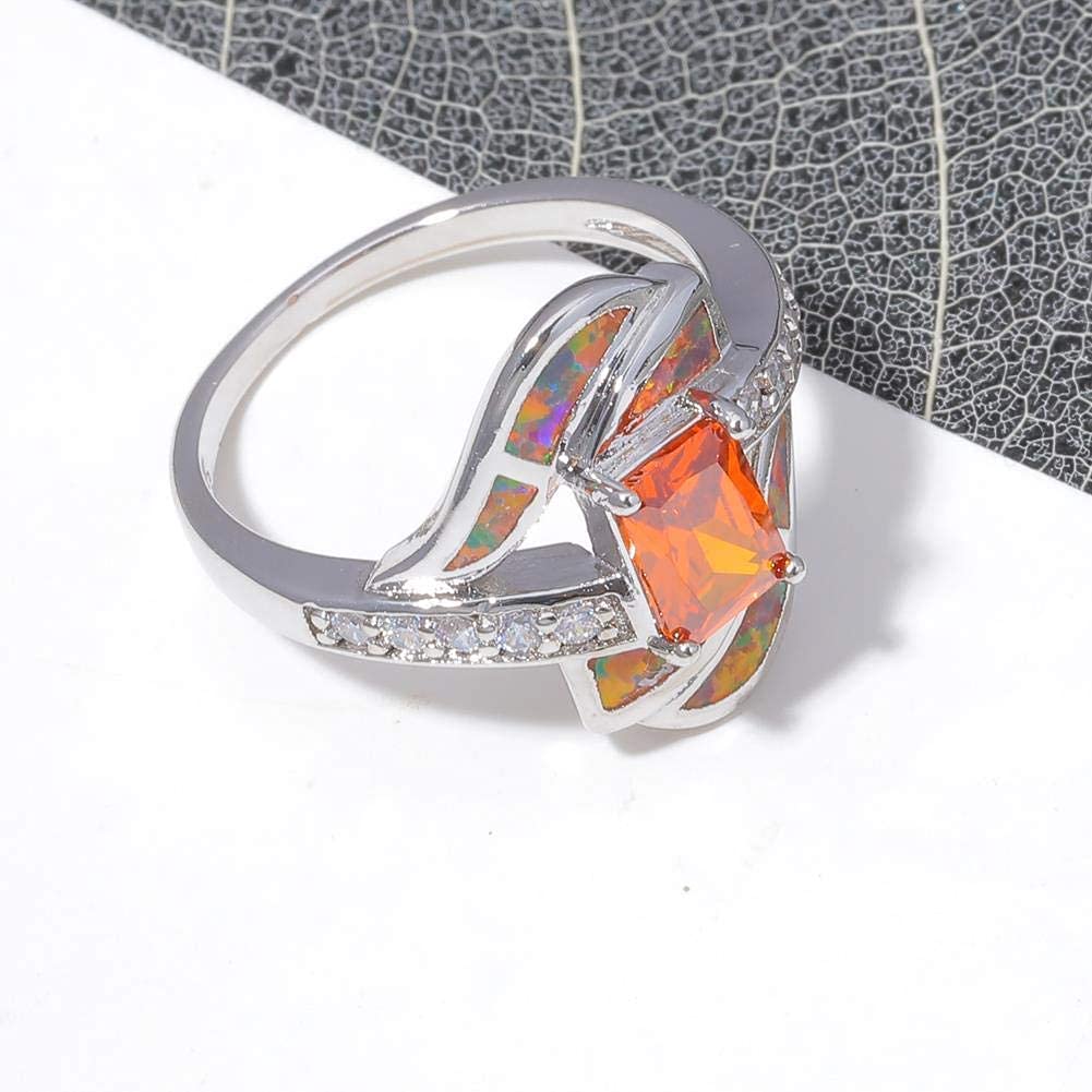 CiNily Orange Opal Rings for Women White Gold Plated Zircon Created Garnet Birthstone Women's Ring Size 8