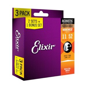 elixir strings, acoustic guitar strings, phosphor bronze with nanoweb coating, longest-lasting rich and full tone with comfortable feel, 6 string set, 3 pack, custom light 11-52