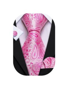 barry.wang paisley tie fashion set hanky cufflinks neckties for men woven silk pink