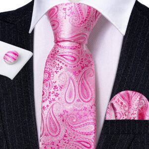 Barry.Wang Paisley Tie Fashion Set Hanky Cufflinks Neckties for Men Woven Silk Pink