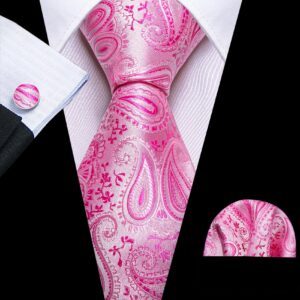 Barry.Wang Paisley Tie Fashion Set Hanky Cufflinks Neckties for Men Woven Silk Pink