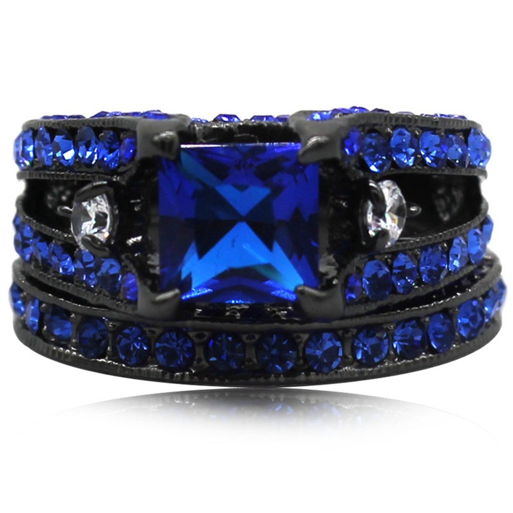 Black Blue Princess Cut Cubic Zirconia Wedding Ring Set (8)