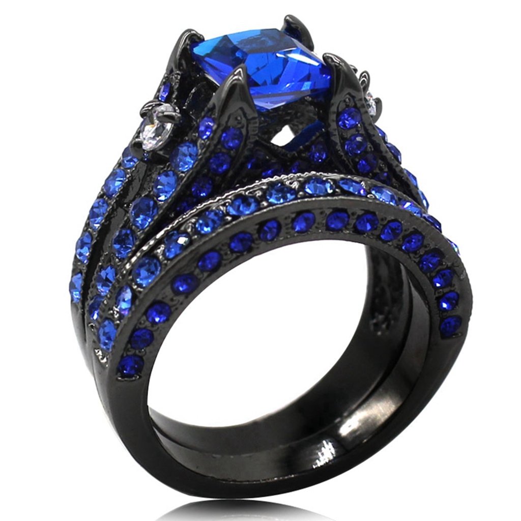 Black Blue Princess Cut Cubic Zirconia Wedding Ring Set (8)