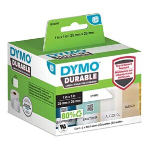 dymo lw durable industrial labels for labelwriter label printers, white poly, 1” x 1”, 2 rolls of 850 (1700 total)