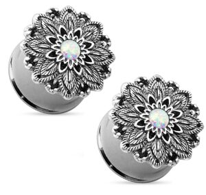 pierced owl antique silver plated stainless steel opal centered lotus flower top double flared plug gauges, sold as a pair (5mm (4ga))