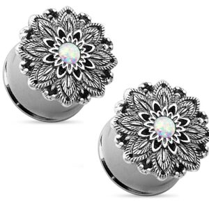 Pierced Owl Antique Silver Plated Stainless Steel Opal Centered Lotus Flower Top Double Flared Plug Gauges, Sold as a Pair (5mm (4GA))