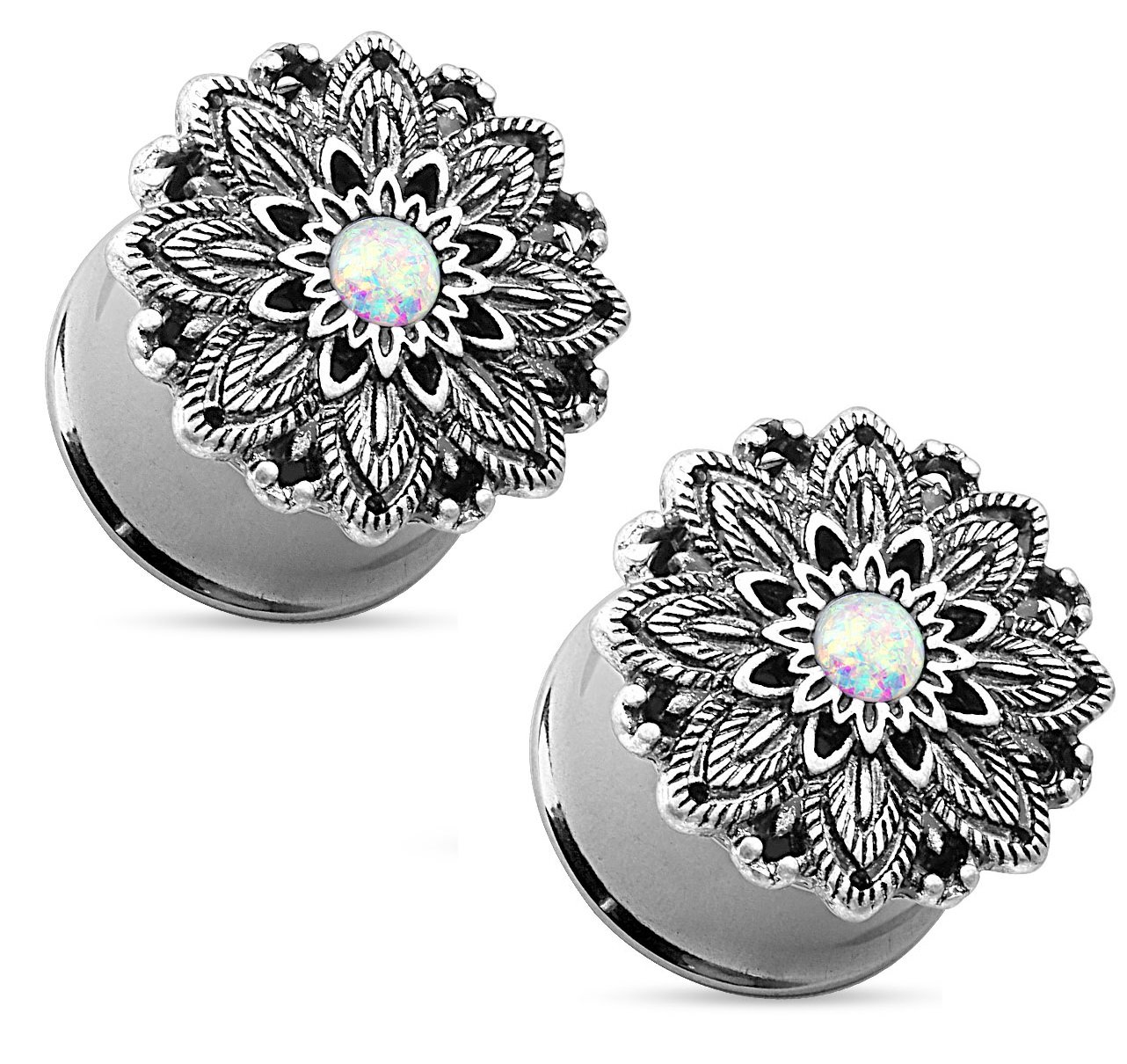 Pierced Owl Antique Silver Plated Stainless Steel Opal Centered Lotus Flower Top Double Flared Plug Gauges, Sold as a Pair (5mm (4GA))