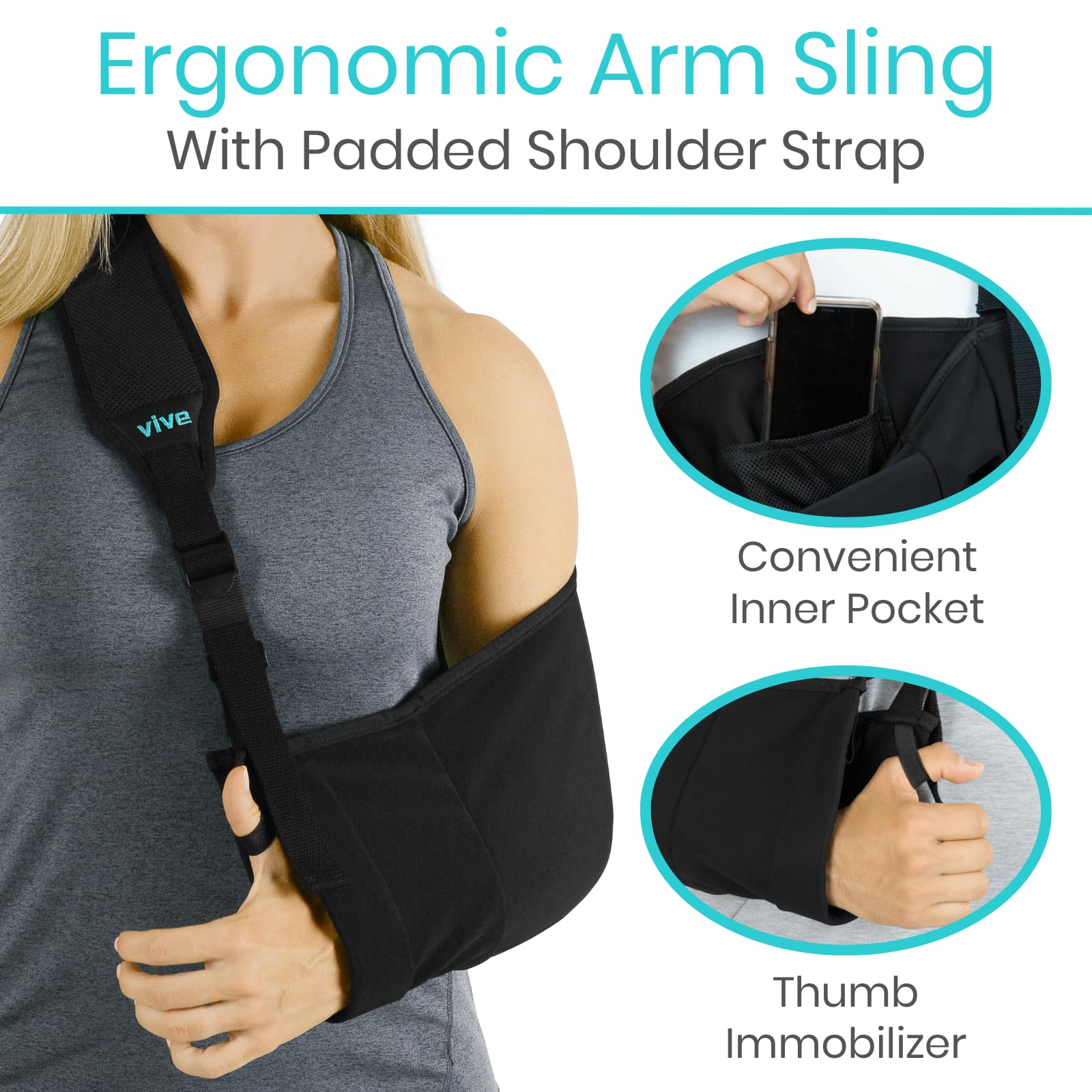 Vive Arm Sling Shoulder Immobilizer for Left or Right Arm - Comfortable Relief for Shoulder & Elbow Injury, Rotator Cuff Surgery, Broken Wrist, Hand - Adjustable Padded Straps Fit Men & Women (Black)