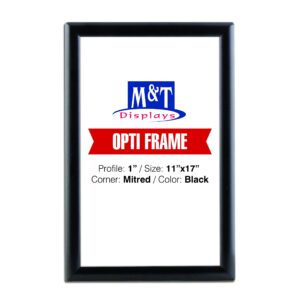 m&t displays opti snap poster frame 11x17 inch black 1" aluminum profile front loading wall mounting photo picture document certificate sign holder mitered corner anti glare cover